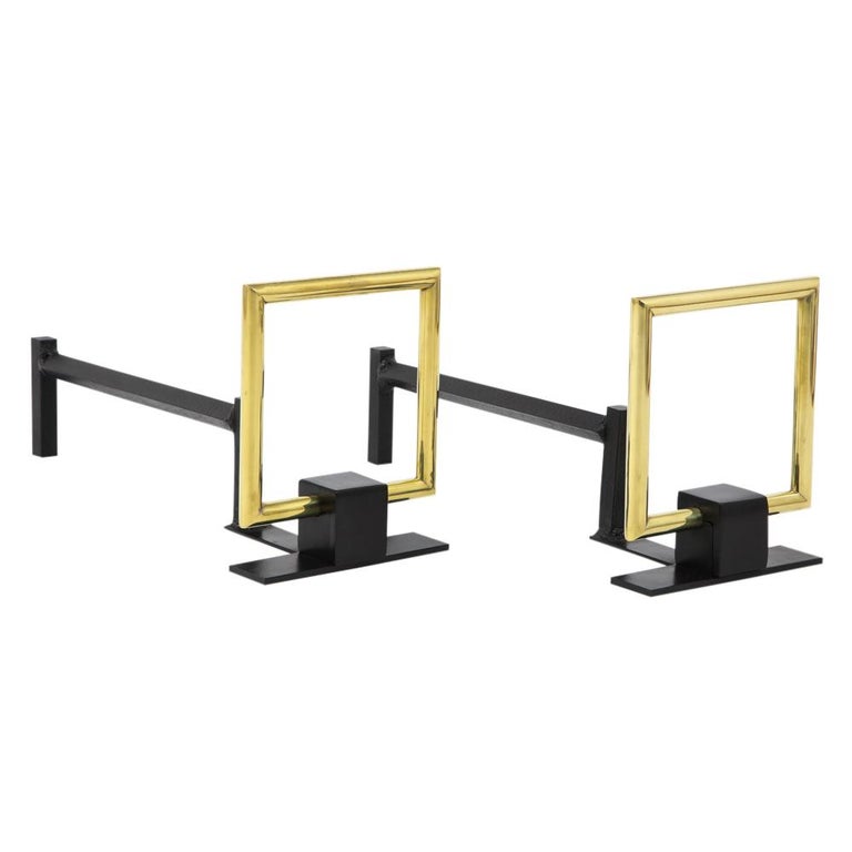 Donald Deskey Style Andirons, Geometric, Brass Buckles For Sale at 1stDibs