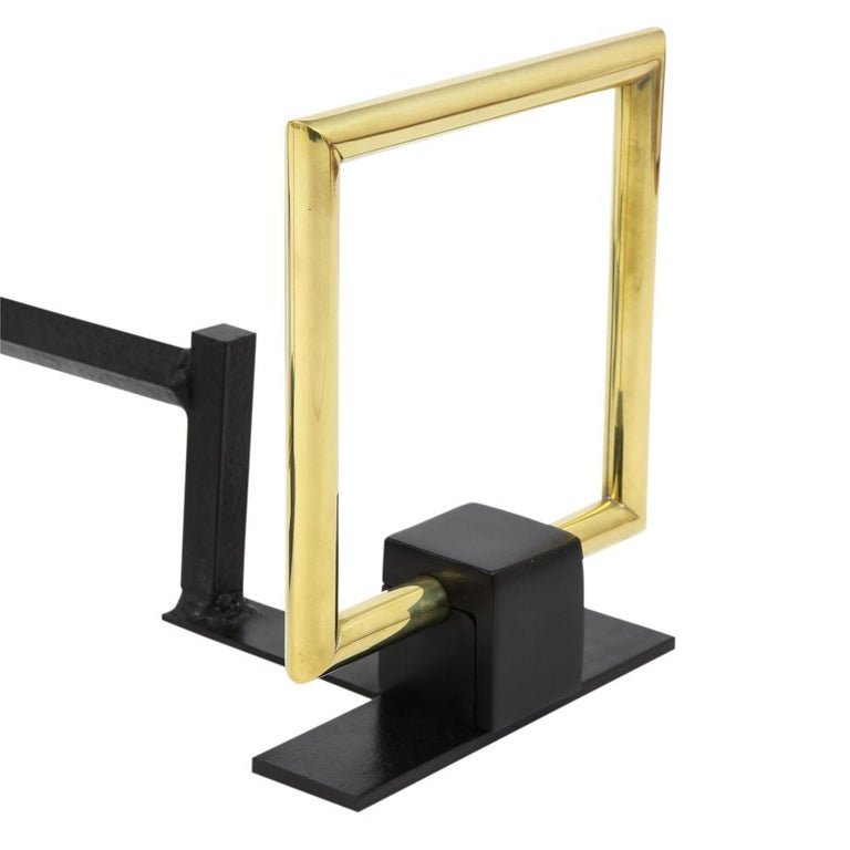 Donald Deskey Style Andirons, Geometric, Brass Buckles For Sale at 1stDibs