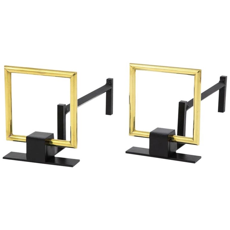 Donald Deskey Style Andirons, Geometric, Brass Buckles For Sale at 1stDibs
