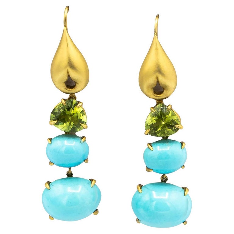 Donald Huber 6 Carat Persian Turquoise and Peridot Earrings 18 Karat ...