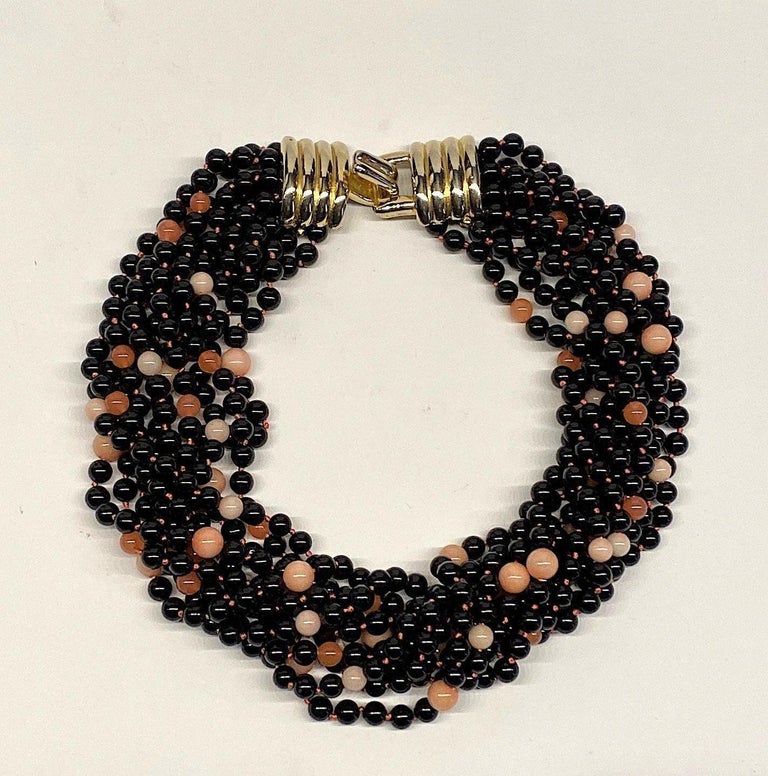 Donald Stannard 10 Strand Black Glass and Rose Quartz Bead Necklace at ...