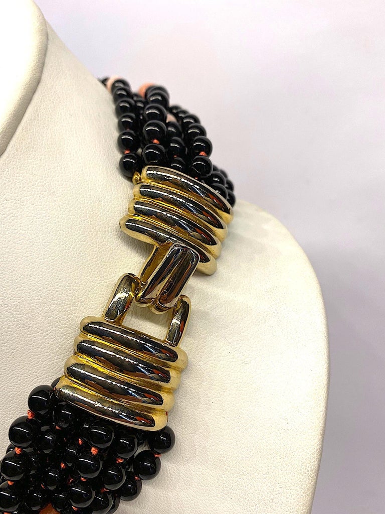 Donald Stannard 10 Strand Black Glass and Rose Quartz Bead Necklace at ...