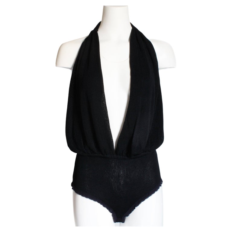 Donna Karan New York Plunge Halter Top Body Suit Sexy Black Mesh Knit ...