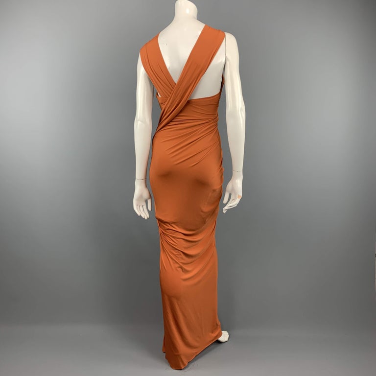 DONNA KARAN Size L Burnt Orange Jersey Asymmetrical Draped Gown at ...