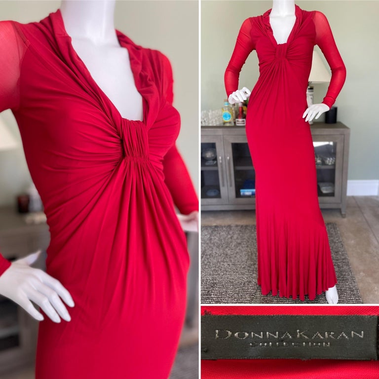 Donna Karan Vintage 1990's Ruby Red Low Cut Jersey Evening Dress For ...