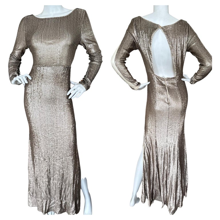 Donna Karan Vintage Dull Gold Sequin Long Sleeve Evening Dress with ...