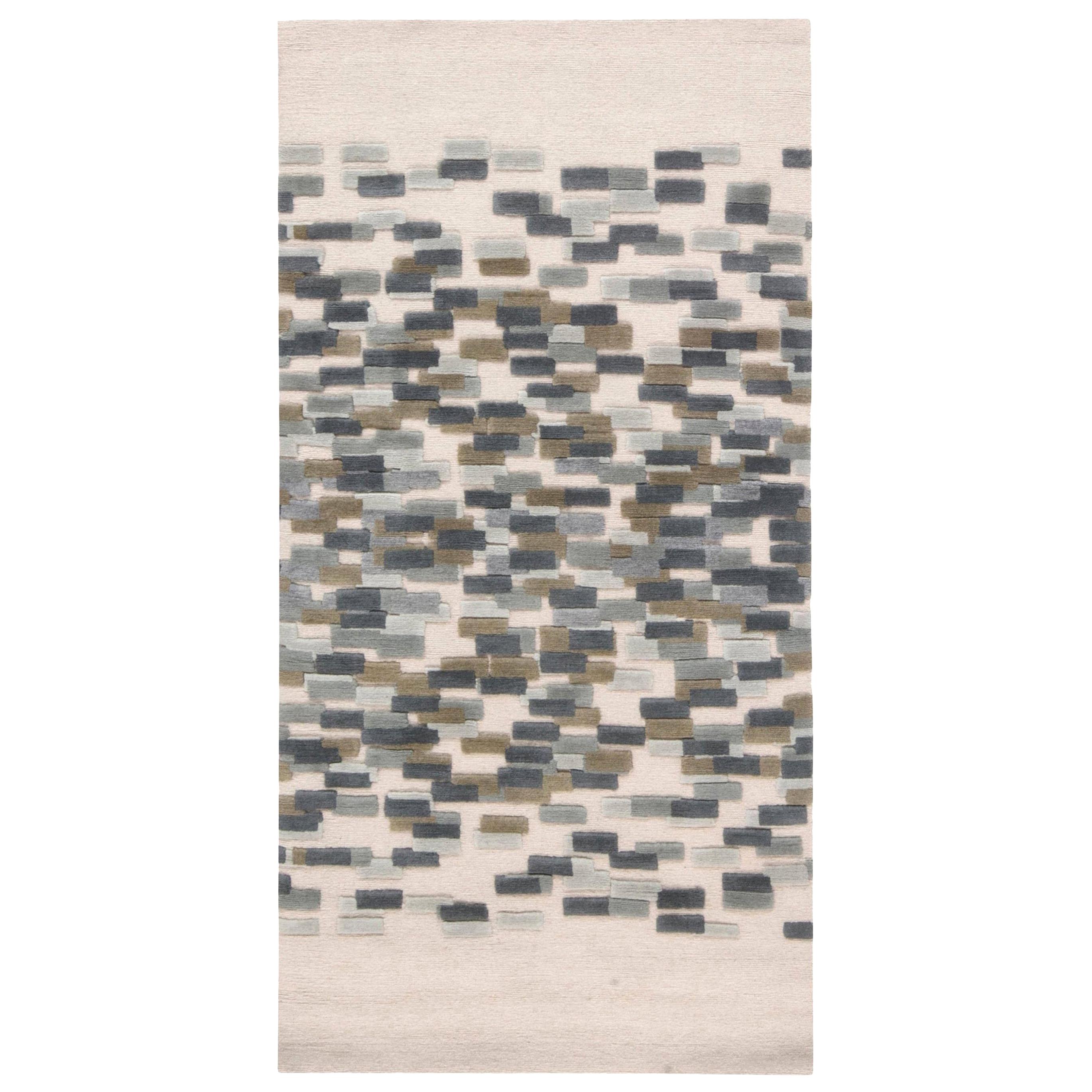 Contemporary Patchwork Blue and White Wool Runner For Sale at 1stDibs