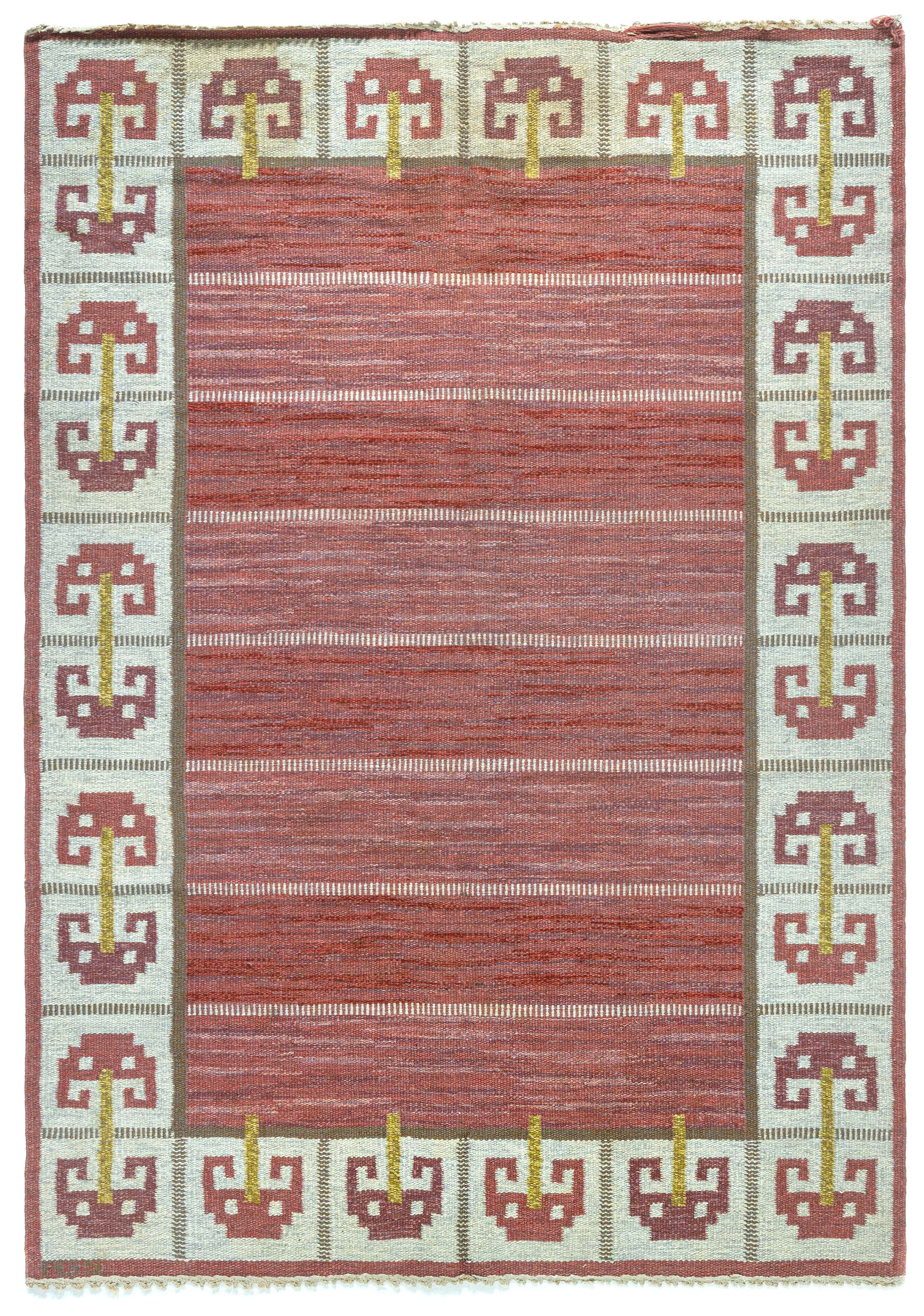 Midcentury Swedish Red Handmade Wool Rug For Sale at 1stDibs