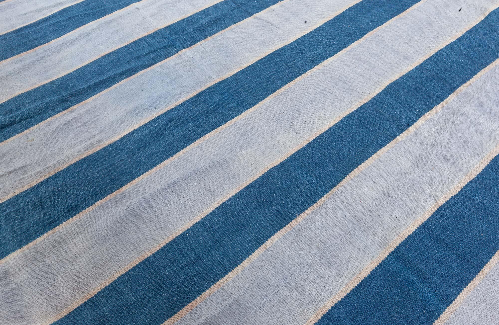 Doris Leslie Blau Vintage Indian Dhurrie Striped Blue Beige Rug For Sale at 1stDibs