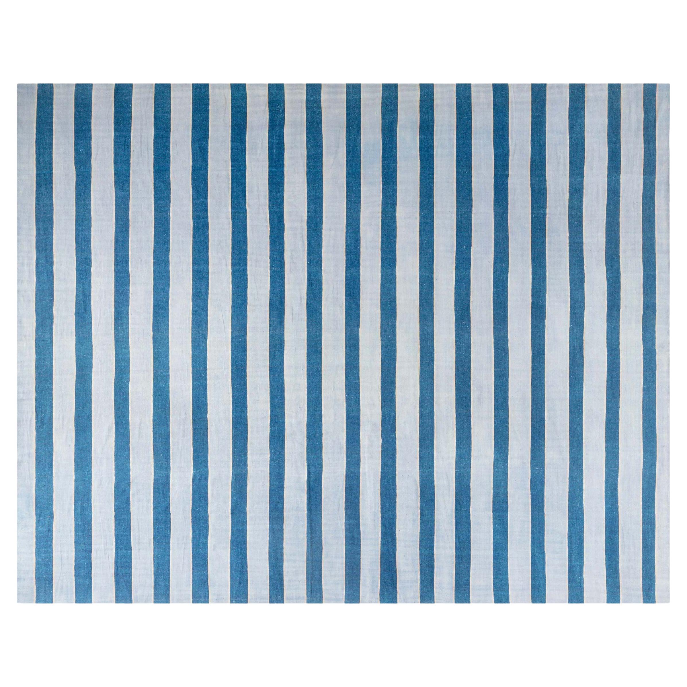 Doris Leslie Blau Vintage Indian Dhurrie Striped Blue Beige Rug For Sale at 1stDibs