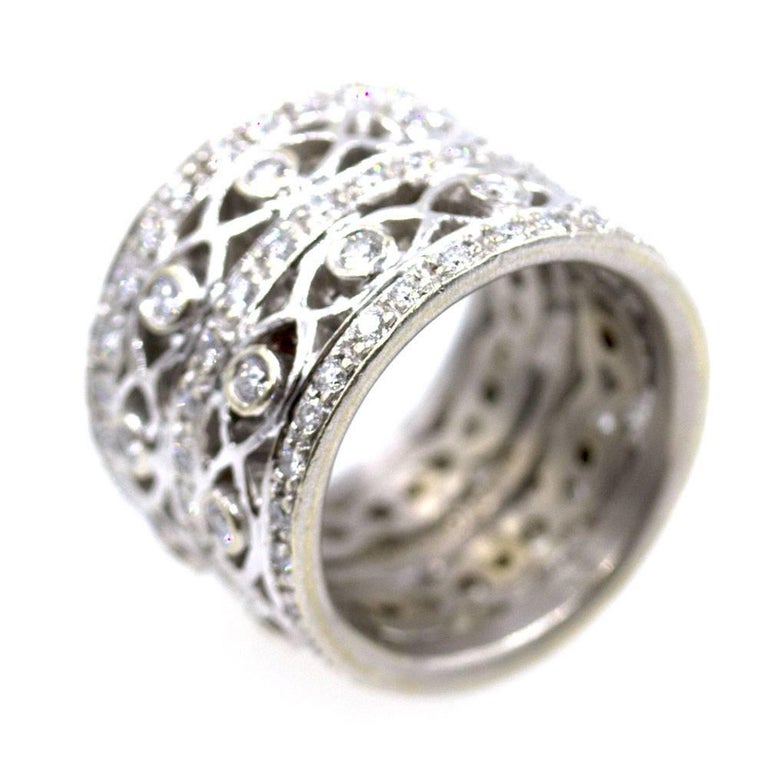 Doris Panos Diamond 18 Karat White Gold Wide Band Ring at 1stDibs