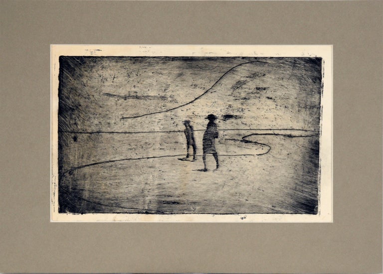 Two Figures on the Shore - Minimalist Landscape Drypoint Etching in Ink ...