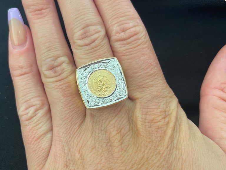 Dos Pesos Gold Coin Diamond Ring in 14k Yellow Gold For Sale at 1stDibs