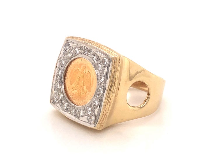 Dos Pesos Gold Coin Diamond Ring in 14k Yellow Gold For Sale at 1stDibs