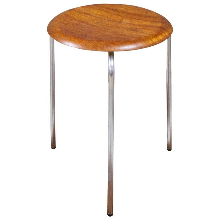 DOT Stool in Teak and Three Chromed Metal Legs Arne Jacobsen for Fritz ...