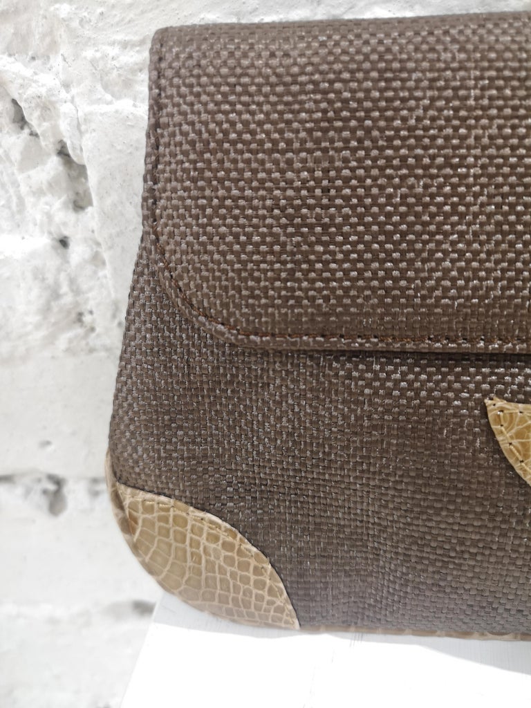 Dotti brown textile and croco print leather clutch For Sale at 1stDibs