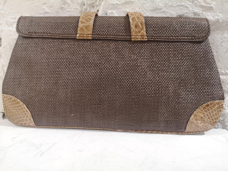 Dotti brown textile and croco print leather clutch For Sale at 1stDibs