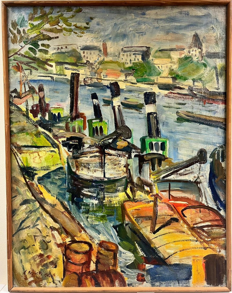 Édouard Righetti (1924-2001) - River Seine Paris Tug Boats Moored 1960 ...