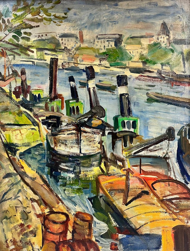 Édouard Righetti (1924-2001) - River Seine Paris Tug Boats Moored 1960 ...