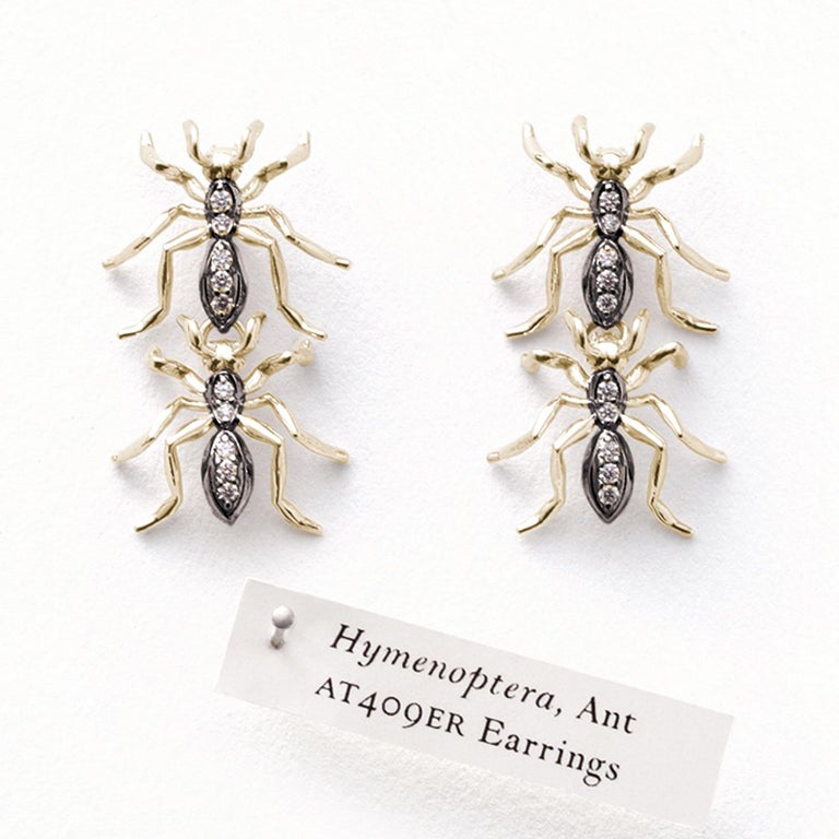 Double Ant Earrings Yellow Gold Black Rhodium Diamonds For Sale at 1stDibs