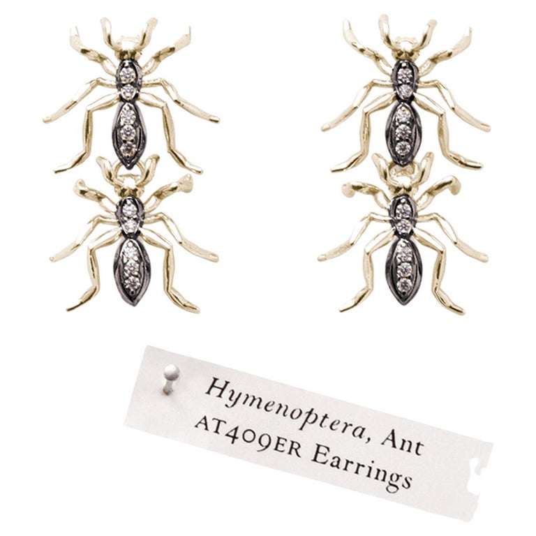 Double Ant Earrings Yellow Gold Black Rhodium Diamonds For Sale at 1stDibs