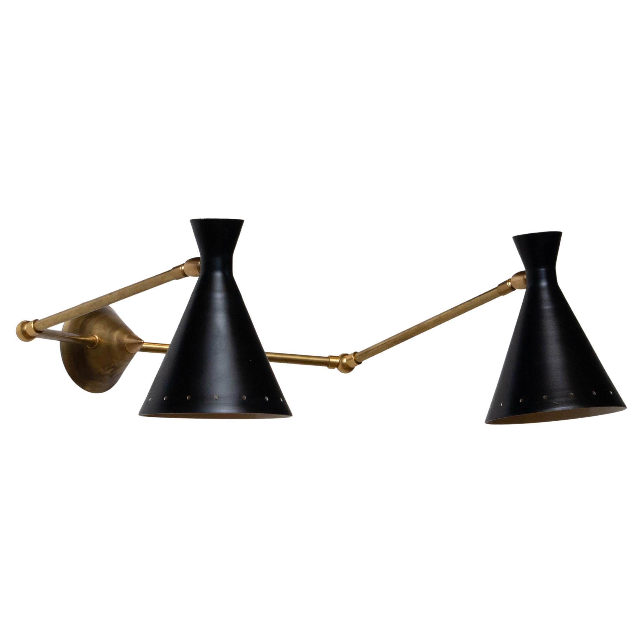 Double Arm, Mid Century Stilnovo Style, Solid Brass with Two Black ...