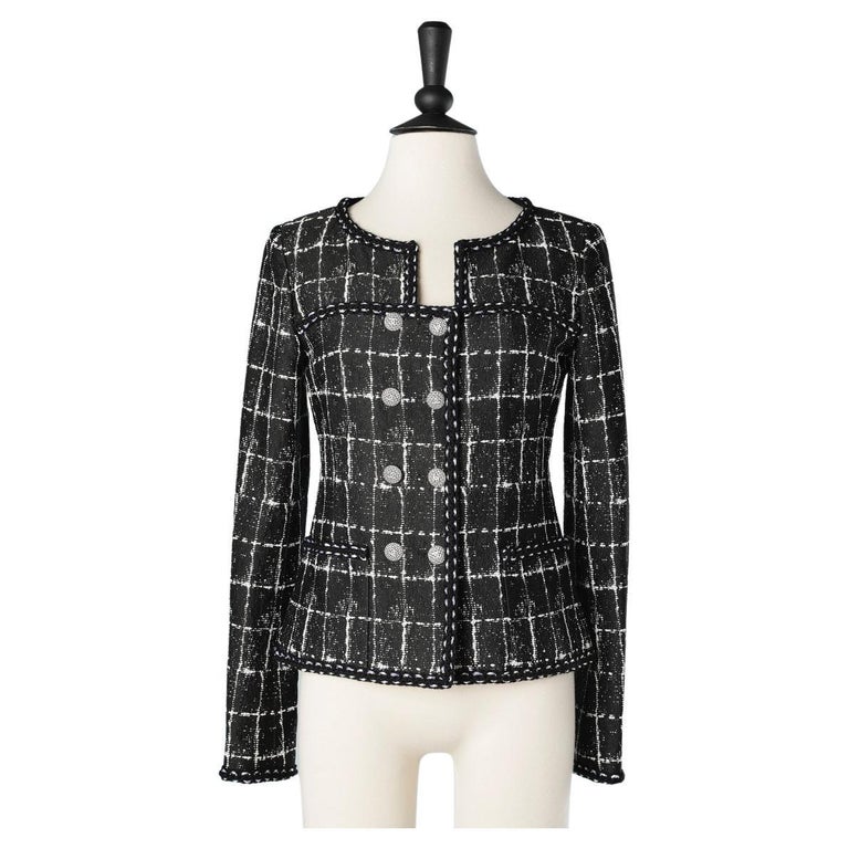 Double-breasted black and white textured jacket with branded buttons ...