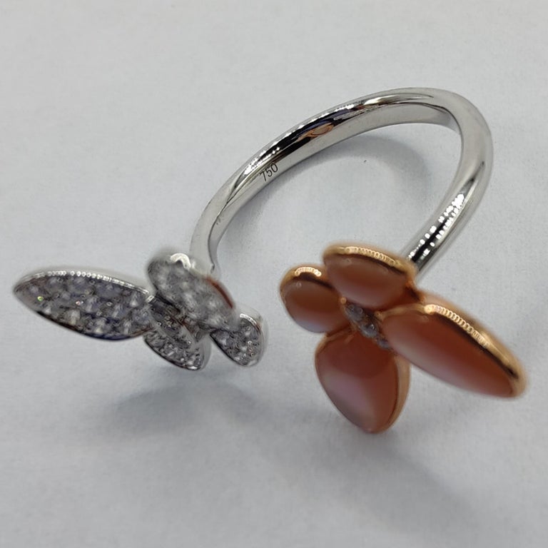 Double Butterfly Pink Nacre Diamond Ring For Sale at 1stDibs