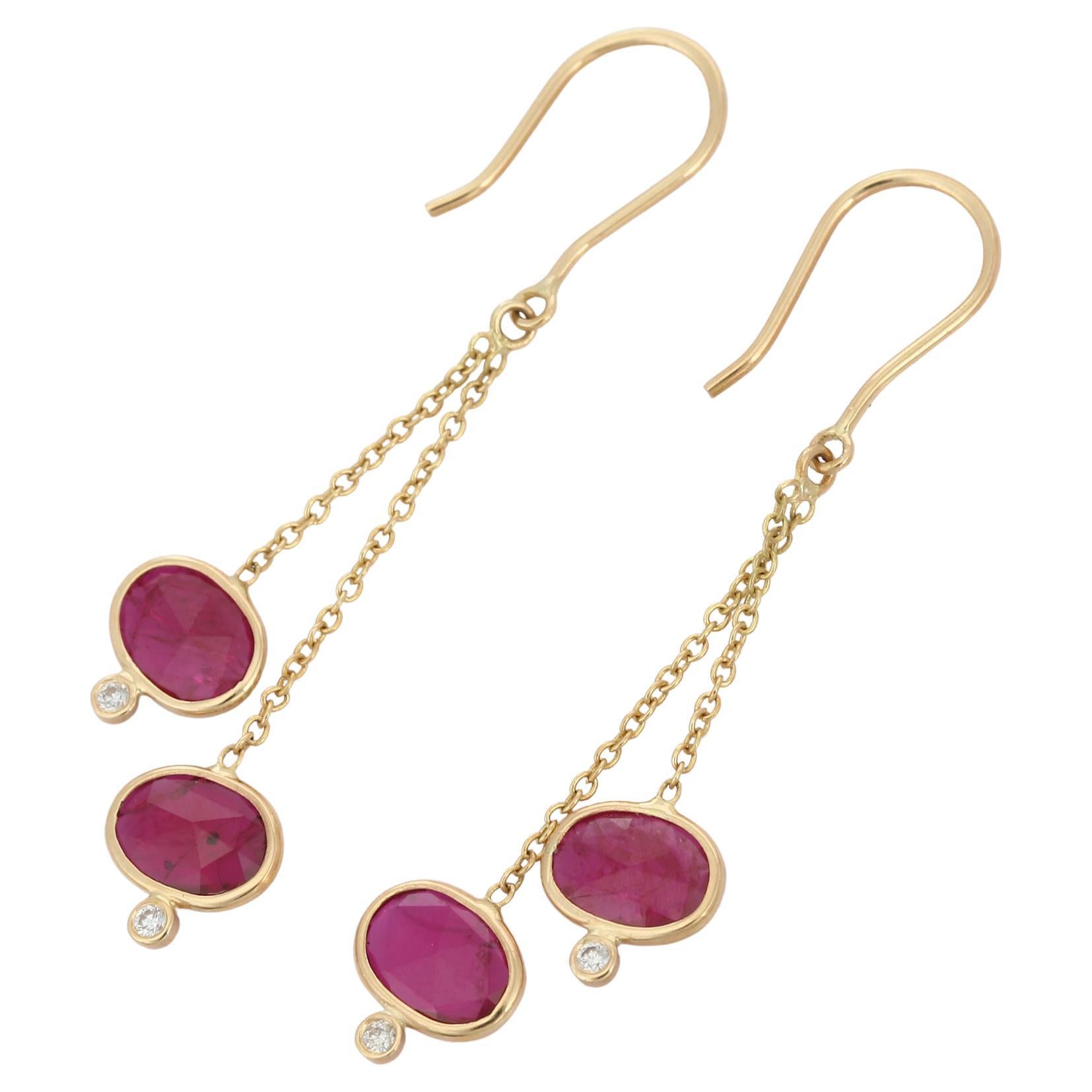 Ruby Dangle Drop Earrings With Diamonds Set In 18k Yellow Gold Wedding