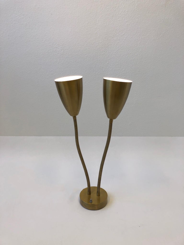 Double Cone Satin Brass Gooseneck Table Lamp at 1stDibs