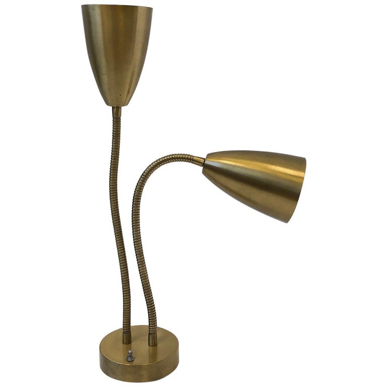Double Cone Satin Brass Gooseneck Table Lamp at 1stDibs