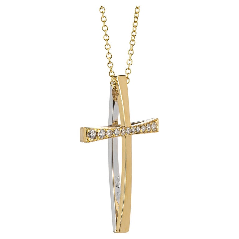 Double Curved and side Diamond Cross in 18Kt Gold Two Tones with pave ...
