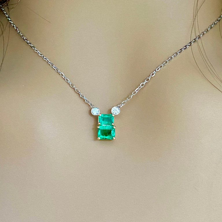 Double Decker Layered Emerald and Round Diamond Gold Pendant Necklace ...