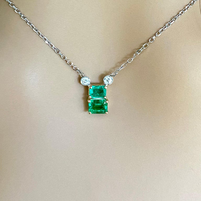 Double Decker Layered Emerald and Round Diamond Gold Pendant Necklace ...