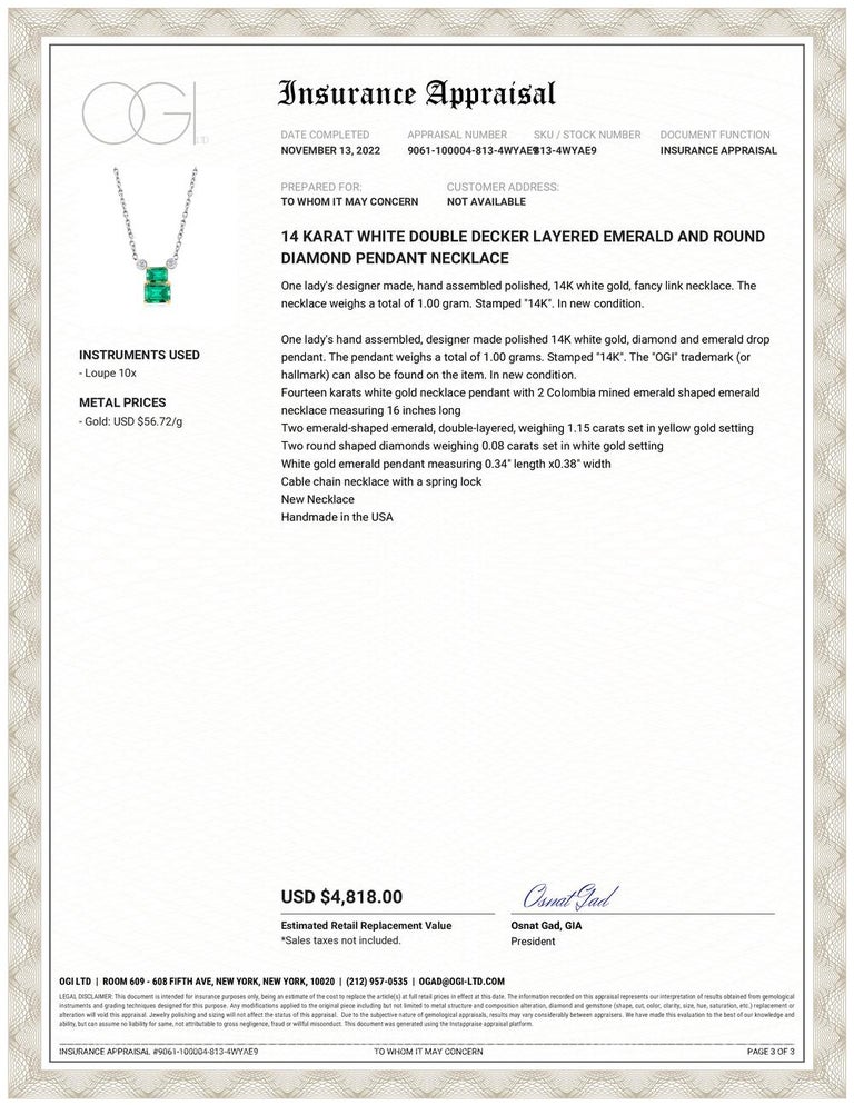 Double Decker Layered Emerald and Round Diamond Gold Pendant Necklace ...
