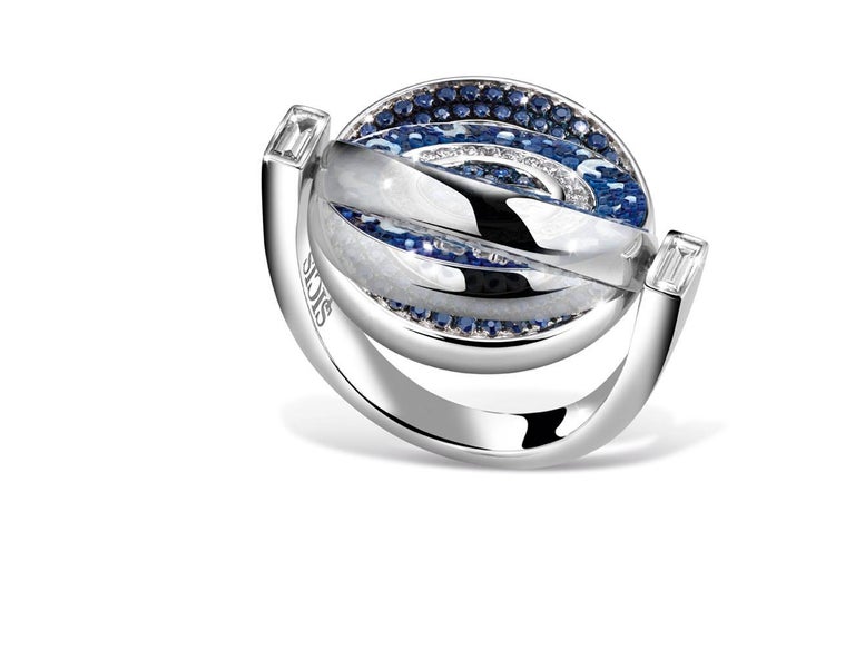 Double Face Ring White Gold White Diamonds Sapphires Hand Decorated ...