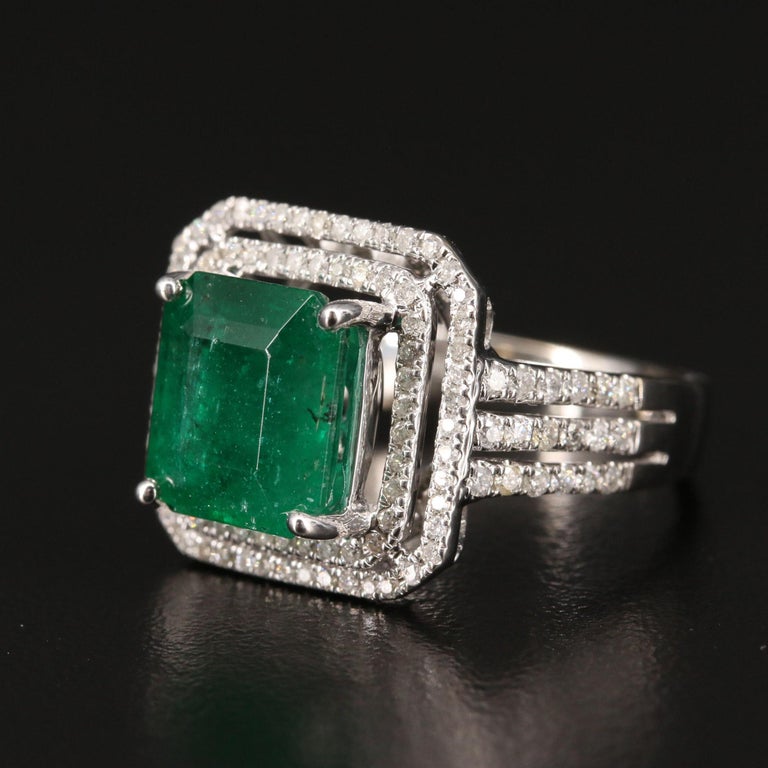 Customizable Double Halo Emerald Statement Ring, Vintage Emerald Engagement Ring For Sale at 1stDibs
