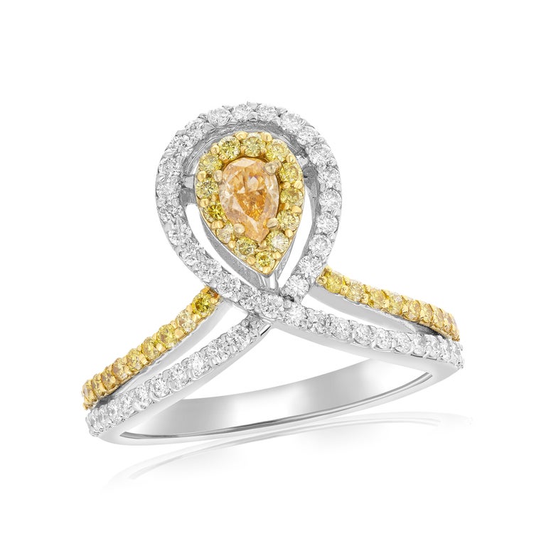 Double Halo Fancy Yellow Pearshape Cocktail Ring 18k Gold For Sale at ...