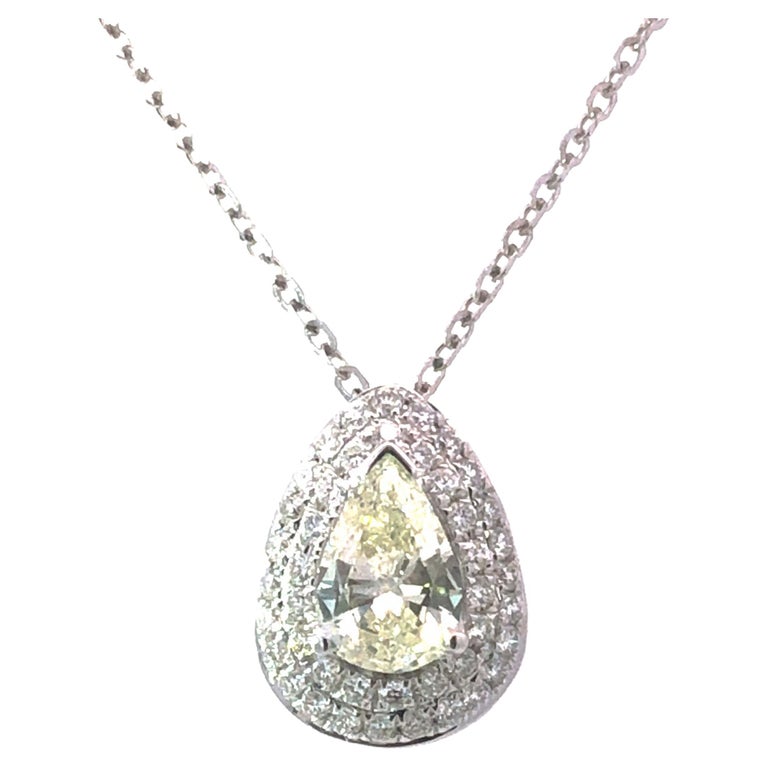 Double Halo Pear Shaped Diamond Pendant in 18k White Gold For Sale at ...