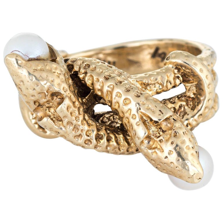 Double Headed Snake Ring Vintage 14 Karat Yellow Gold Cultured Pearl ...