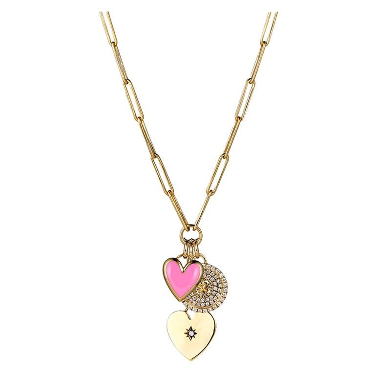 Double Heart and Button Pendant Necklace, 14k Yellow Gold with Diamonds ...