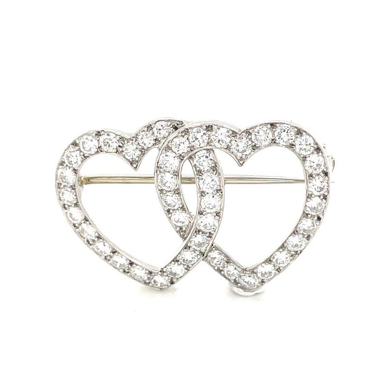 Double Heart Diamond and Platinum Pin For Sale at 1stDibs