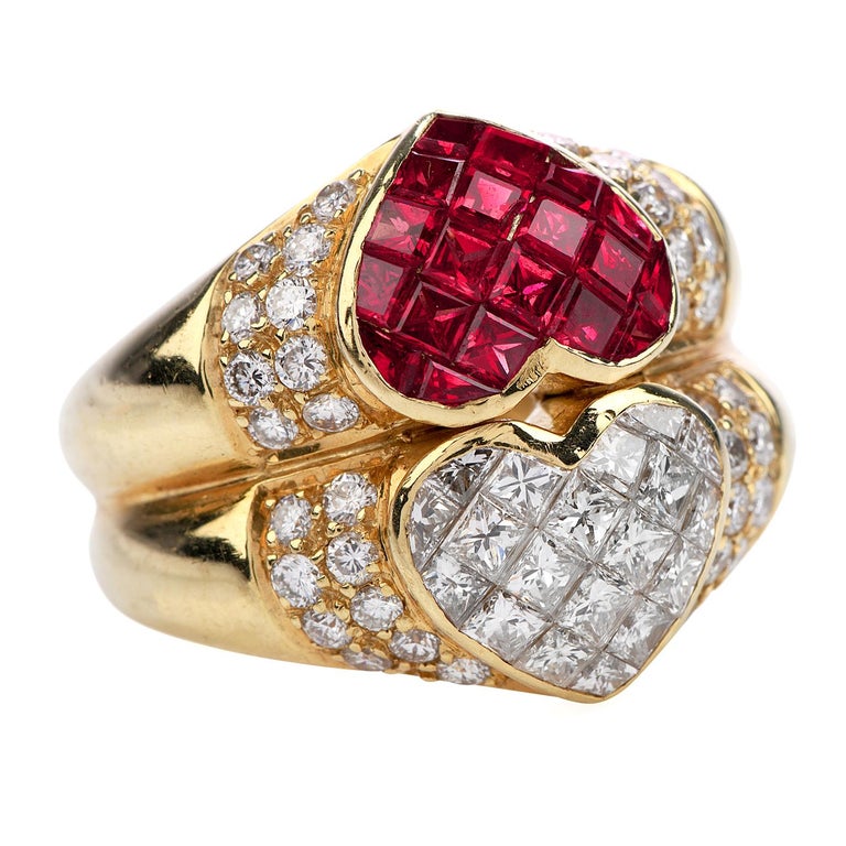 Double Heart Ruby Diamond 18 Karat Gold 1980s Cocktail Ring at 1stDibs