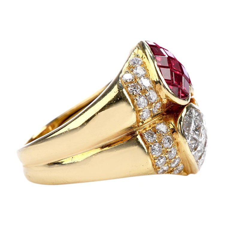 Double Heart Ruby Diamond 18 Karat Gold 1980s Cocktail Ring at 1stDibs