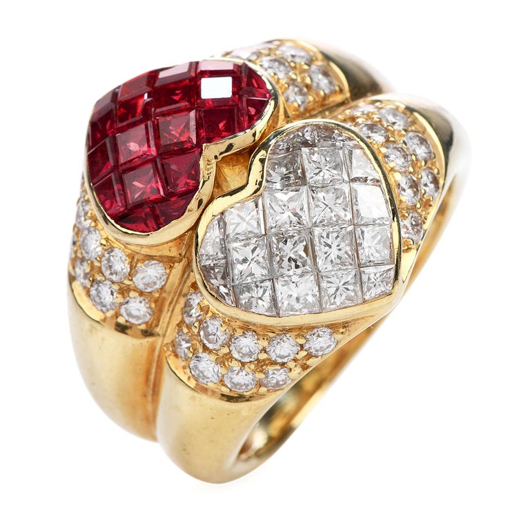 Double Heart Ruby Diamond 18 Karat Gold 1980s Cocktail Ring at 1stDibs
