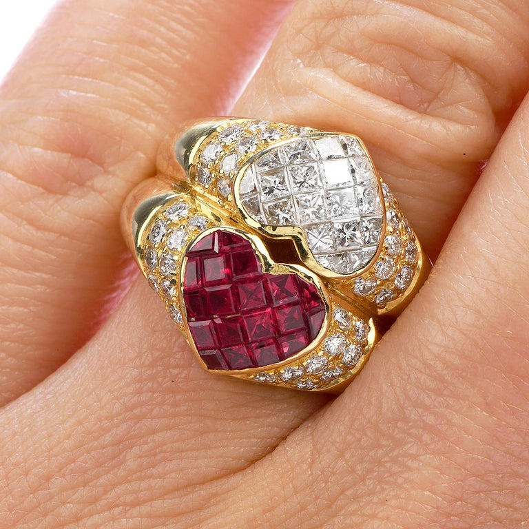 Double Heart Ruby Diamond 18 Karat Gold 1980s Cocktail Ring at 1stDibs