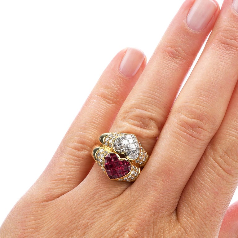 Double Heart Ruby Diamond 18 Karat Gold 1980s Cocktail Ring at 1stDibs