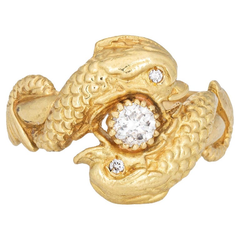 Double Koi Fish Diamond Ring Vintage 22k Yellow Gold Estate Fine ...