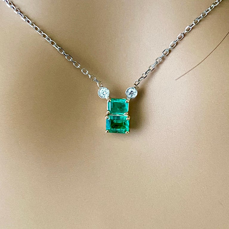 Double Decker Layered Emerald and Round Diamond Gold Pendant Necklace ...