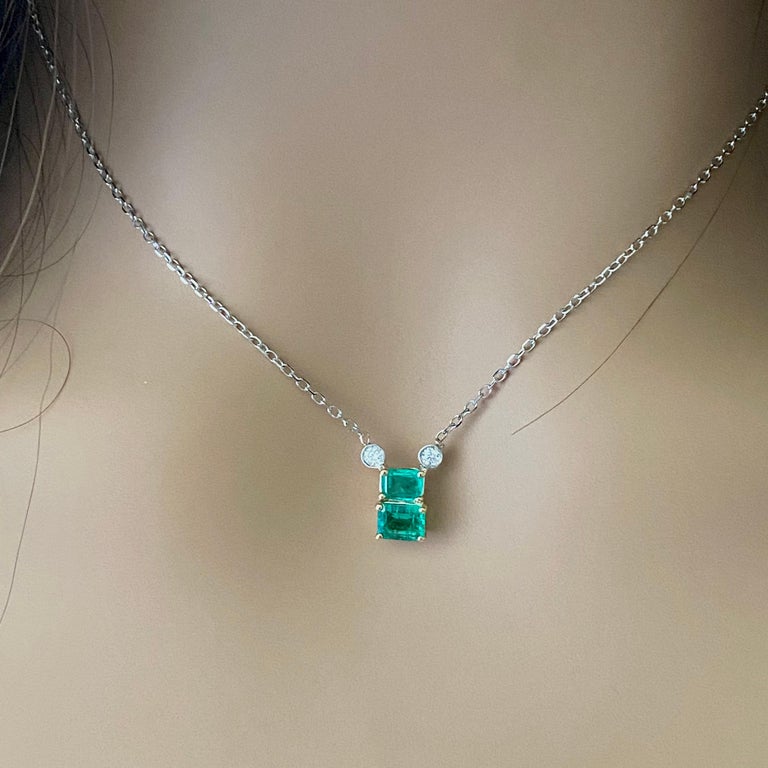 Double Decker Layered Emerald and Round Diamond Gold Pendant Necklace ...